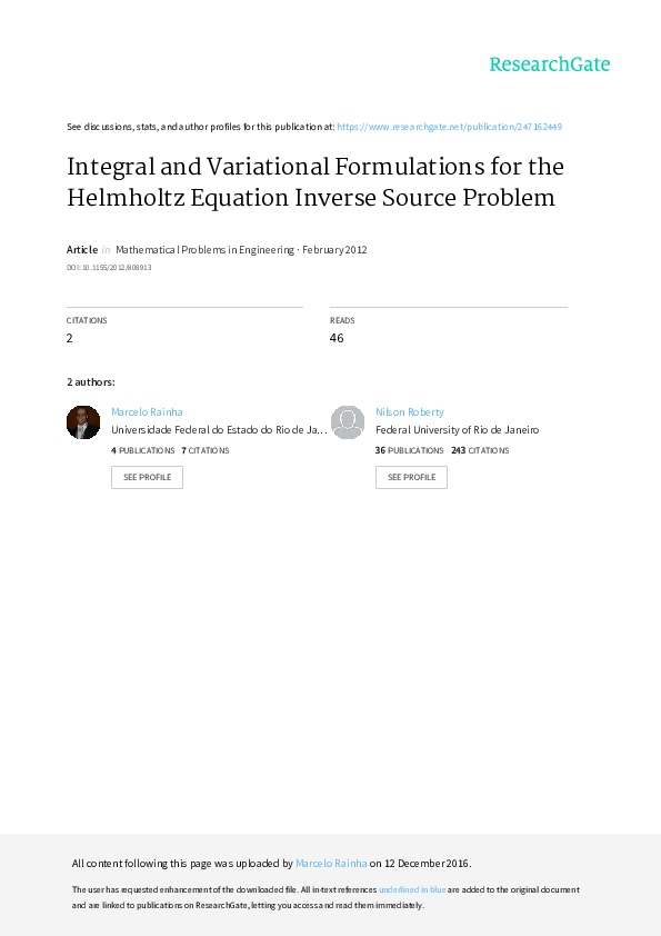 (PDF) Integral and Variational Formulations for the Helmholtz Equation Inverse Source Problem