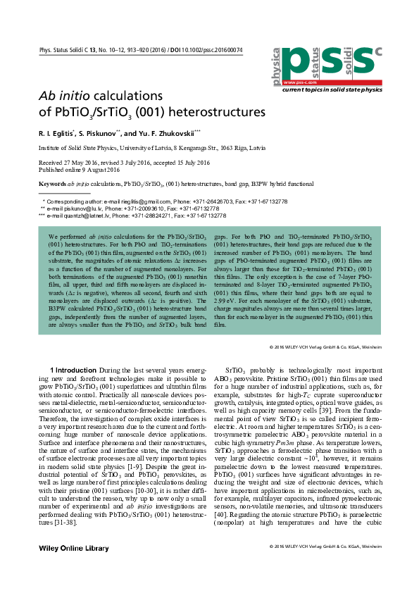 (PDF) Ab initio calculations of PbTiO3/SrTiO3 (001) heterostructures