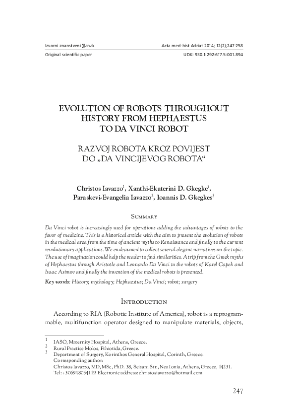 (PDF) Razvoj Robota Kroz Povijest Do „Da Vincijevog Robota“