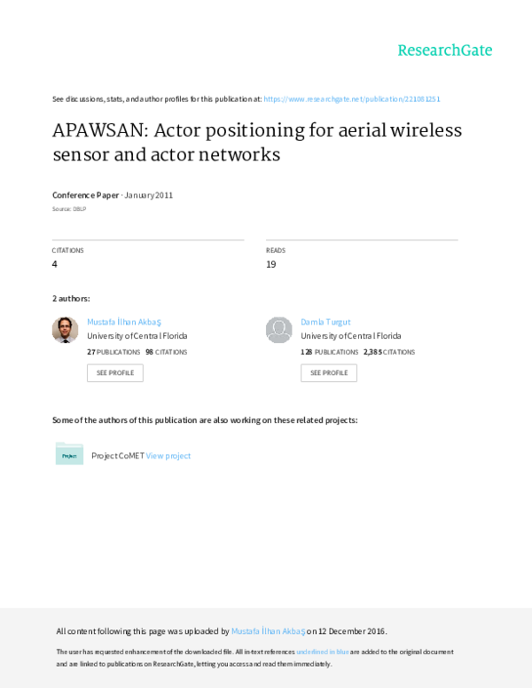(PDF) APAWSAN: Actor positioning for aerial wireless sensor and actor networks