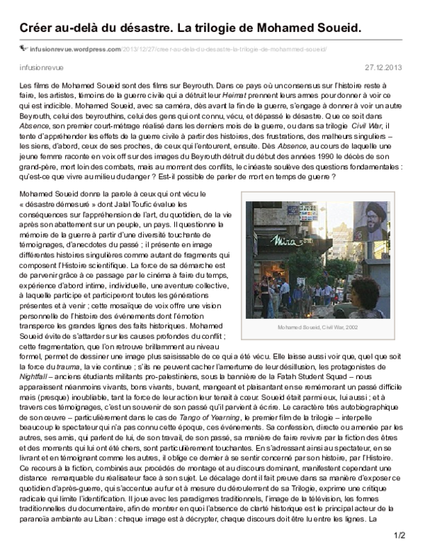 (PDF) Créer au-delà du désastre : La trilogie de Mohamed Soueid (Liban ...