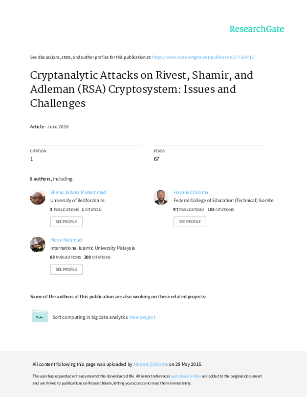 Pdf Cryptanalytic Attacks On Rivest Shamir And Adleman Rsa Cryptosystem Issues And Challenges