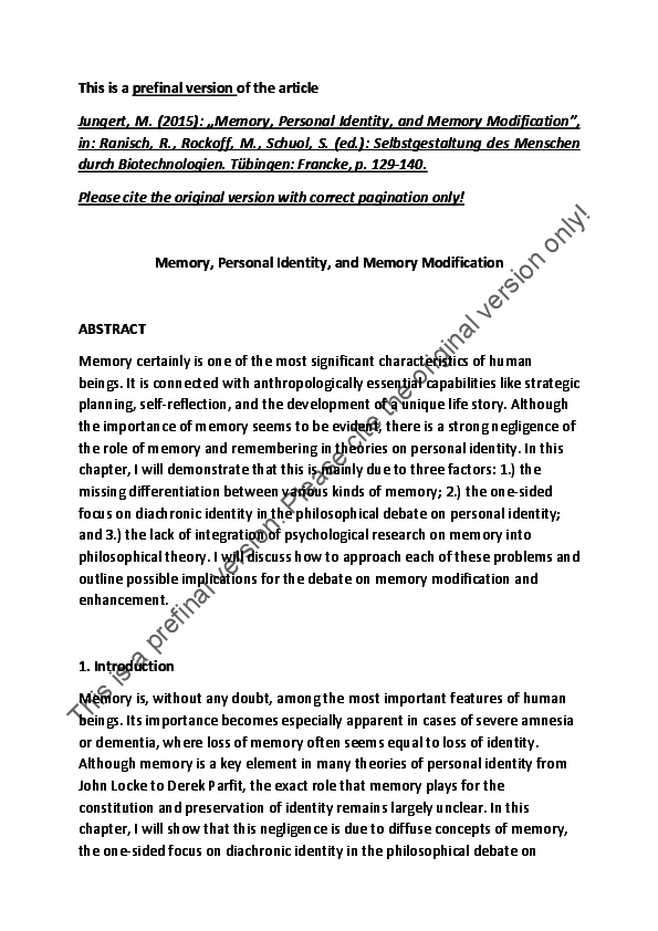 (PDF) Memory, Personal Identity, and Memory Modification