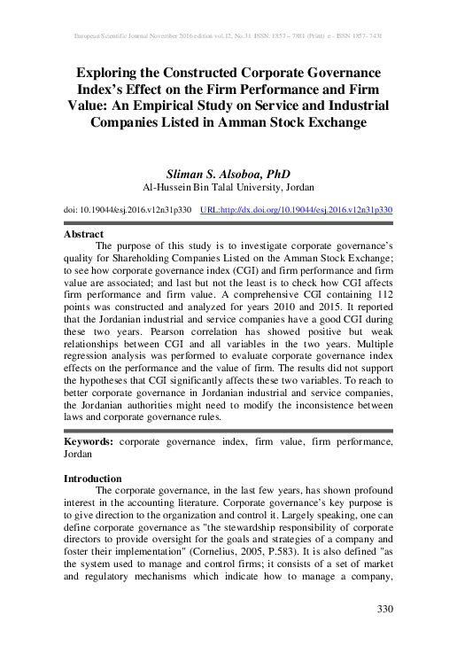 (PDF) Exploring the Constructed Corporate Governance Index's Effect on the Firm Performance and ...
