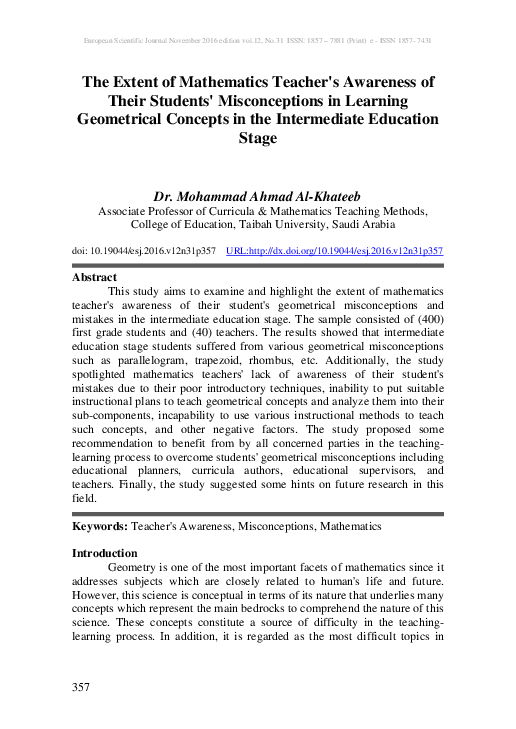 (PDF) The Extent of Mathematics Teacher's Awareness of Their Students' Misconceptions in ...