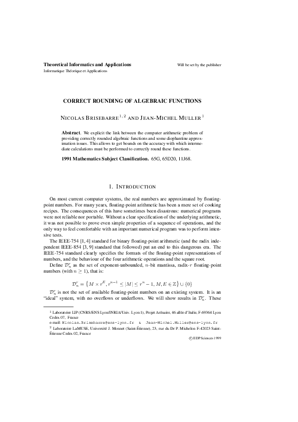 (PDF) Correct rounding of algebraic functions