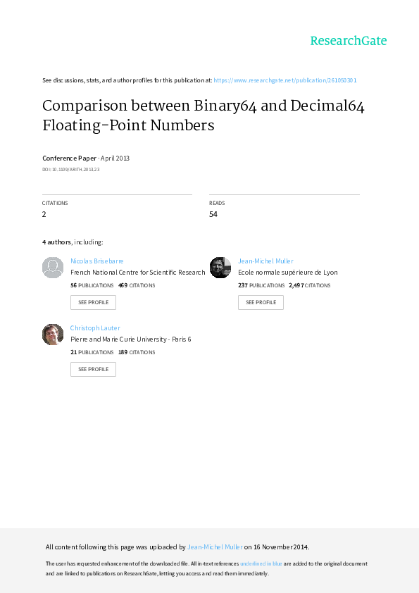 (PDF) Comparison between binary64 and decimal64 floating-point numbers