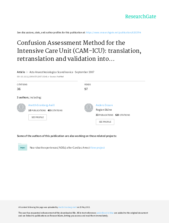 (PDF) Confusion assessment method for the intensive care unit (CAM-ICU ...