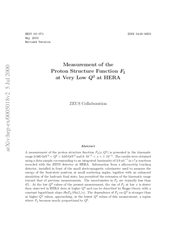 (PDF) Measurement of the proton structure function F2 at very low Q2 at HERA