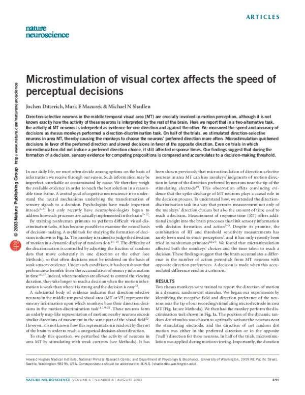 (PDF) Microstimulation of visual cortex affects the speed of perceptual ...