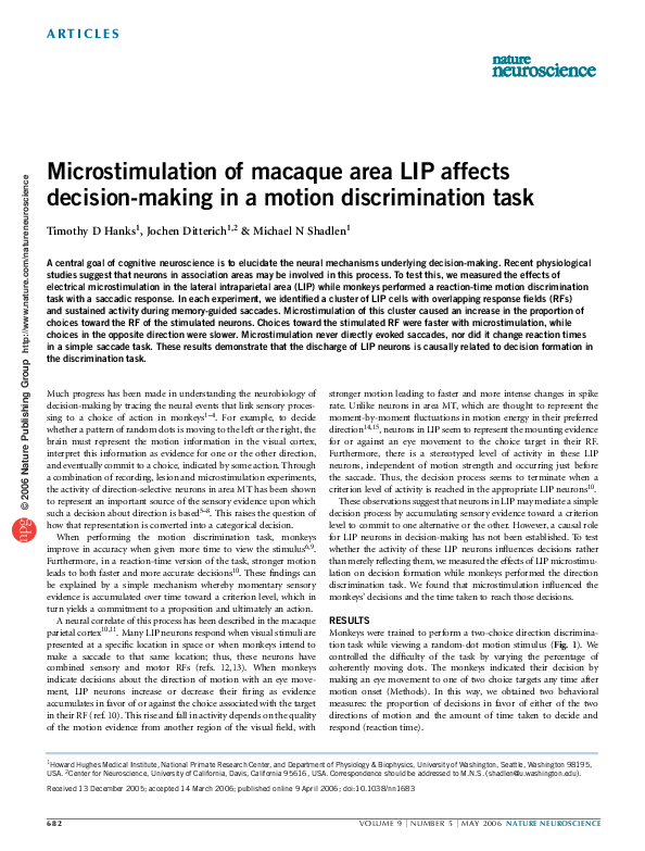 (PDF) Microstimulation of macaque area LIP affects decision-making in a motion discrimination ...