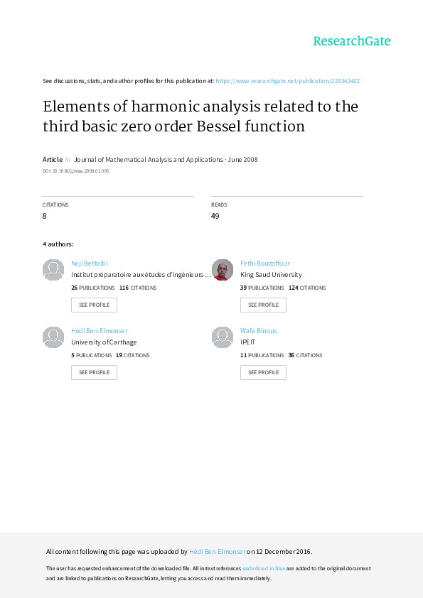 (PDF) Elements of harmonic analysis related to the third basic zero order Bessel function