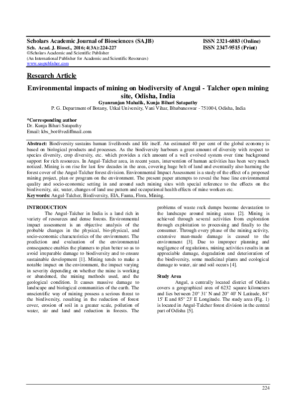 (PDF) Environmental impacts of mining on biodiversity of Angul -Talcher ...