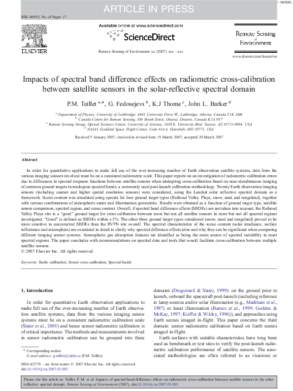 Pdf Impacts Of Spectral Band Difference Effects On Radiometric Cross Calibration Between