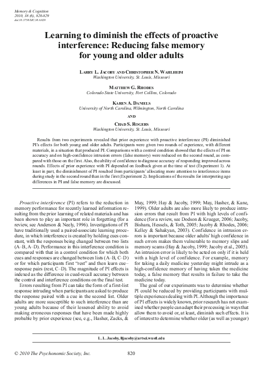 (PDF) Learning to diminish the effects of proactive interference: Reducing false memory for ...