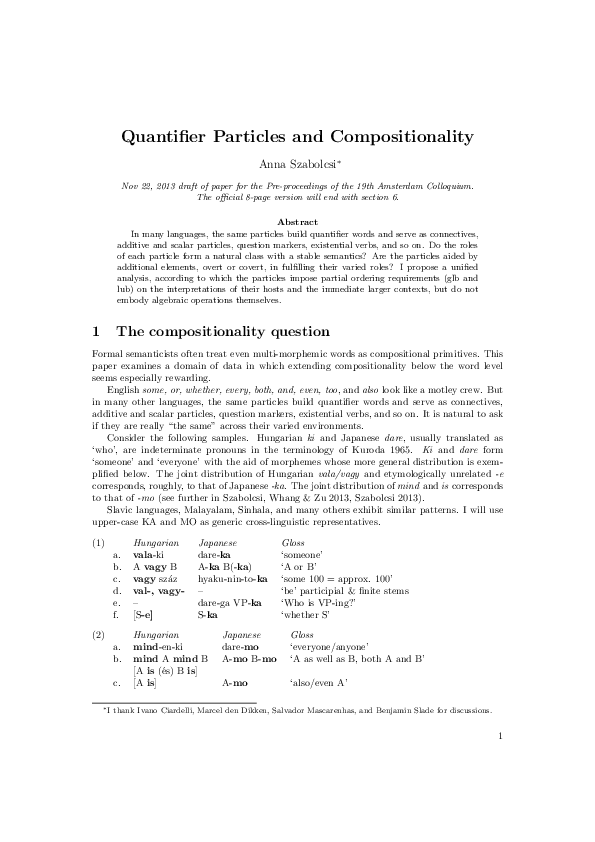 (PDF) Quantifier particles and compositionality / 2013