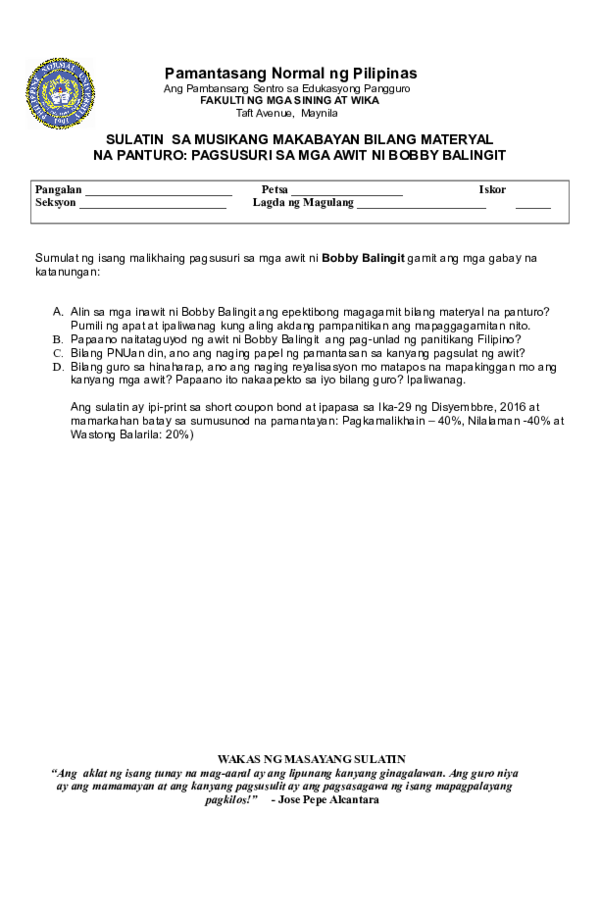 (DOC) Sulatin sa Filipino Kaugnay ng mga Awit ni Bobby Balingit