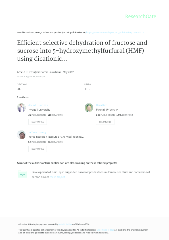 (PDF) Efficient selective dehydration of fructose and sucrose into 5 ...