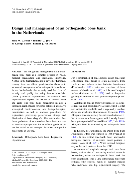 (PDF) Design and management of an orthopaedic bone bank in the Netherlands