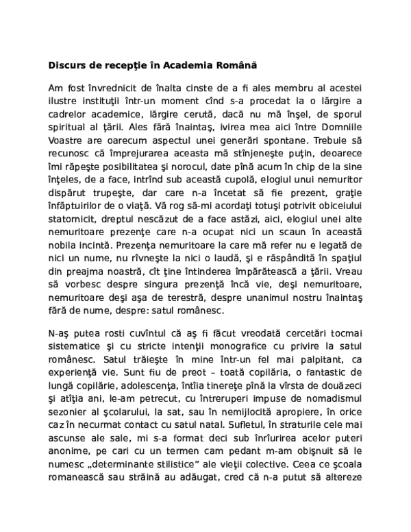 (DOC) Discurs de recepţie în Academia Română