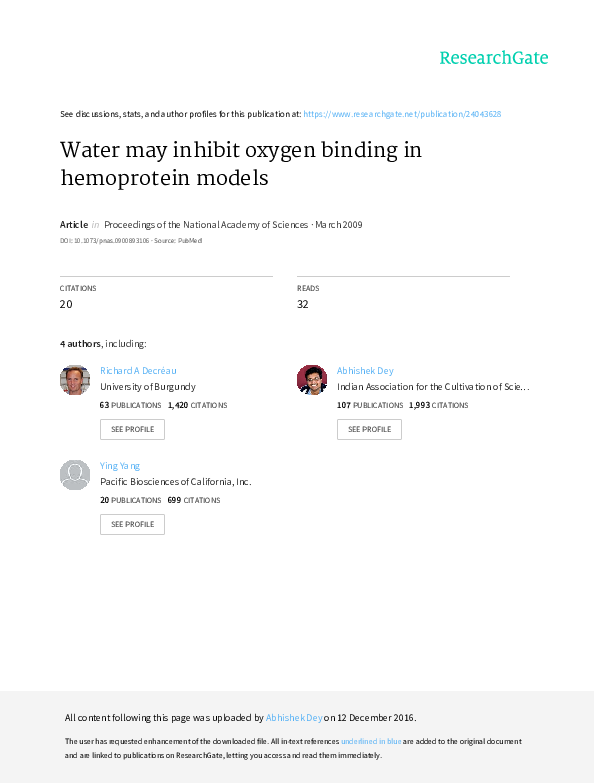 (PDF) Water may inhibit oxygen binding in hemoprotein models
