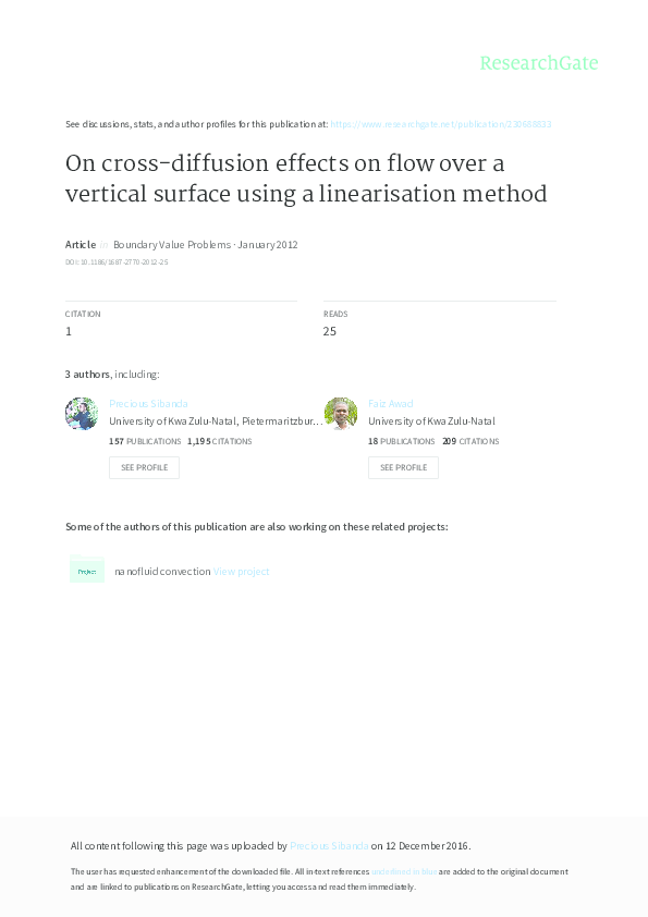 (PDF) On cross-diffusion effects on flow over a vertical surface using a linearization method