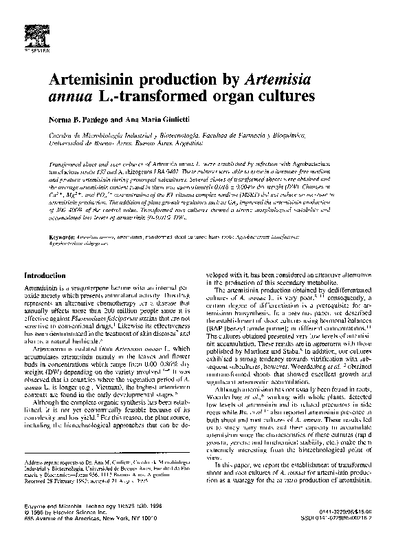 (PDF) Artemisinin production by Artemisia annua L.-transformed organ ...
