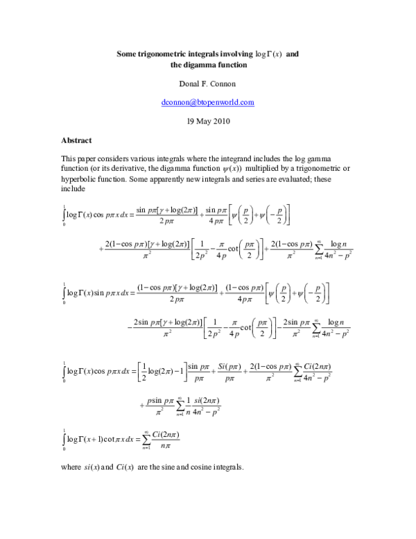Pdf Some Trigonometric Integrals Involving The Log Gamma And The
