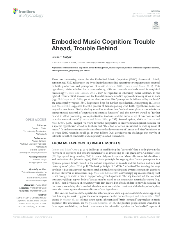 (PDF) Embodied Music Cognition: Trouble Ahead, Trouble Behind