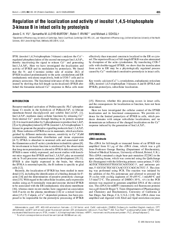 (PDF) Regulation of the localization and activity of inositol 1,4,5-trisphosphate 3-kinase B in ...