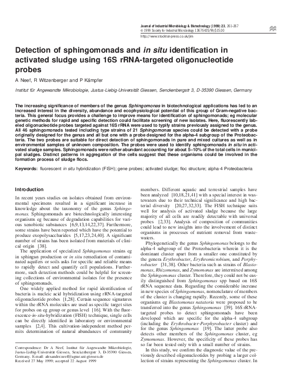 (PDF) Detection of sphingomonads and in situ identification in activated sludge using 16S rRNA ...