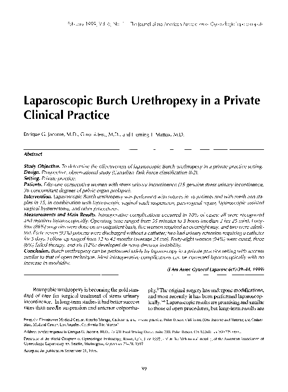Pdf Laparoscopic Burch Urethropexy In A Private Clinical Practice