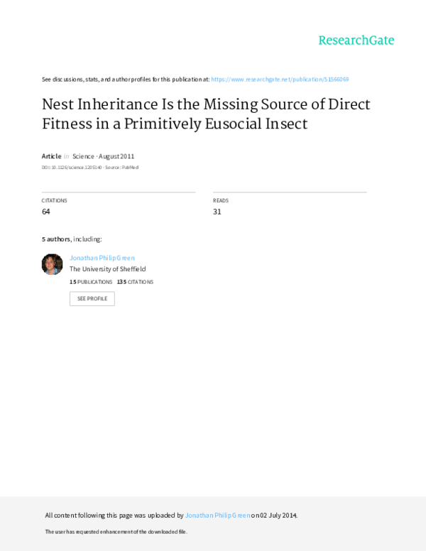 (PDF) Nest inheritance is the missing source of direct fitness in a ...