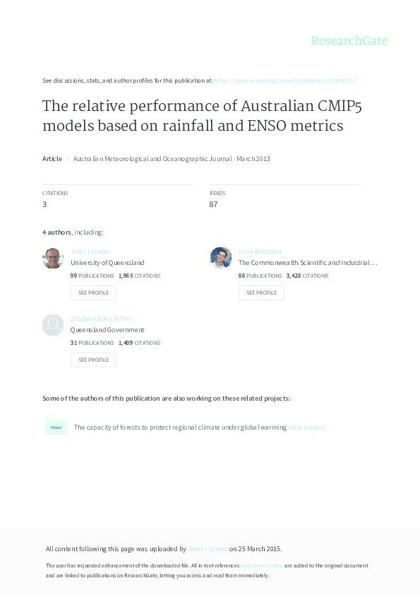 (PDF) The relative performance of Australian CMIP5 models based on rainfall and ENSO metrics