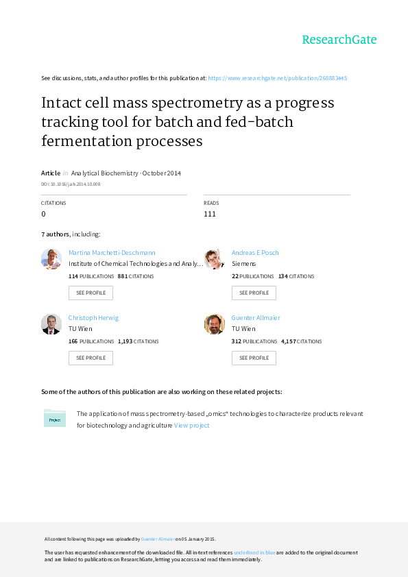 (PDF) Intact cell mass spectrometry as a progress tracking tool for batch and fed-batch ...