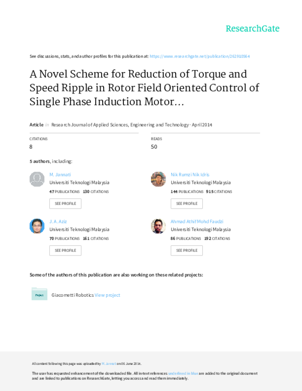 Pdf A Novel Scheme For Reduction Of Torque And Speed Ripple In Rotor Field Oriented Control Of