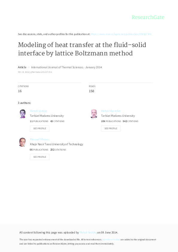 (PDF) Modeling of heat transfer at the fluid–solid interface by lattice Boltzmann method