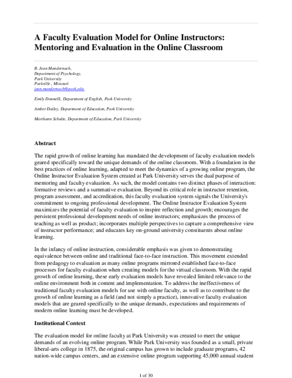 Pdf A Faculty Evaluation Model For Online Instructors Mentoring And