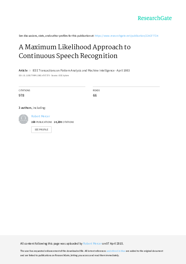 Pdf A Maximum Likelihood Approach To Continuous Speech Recognition