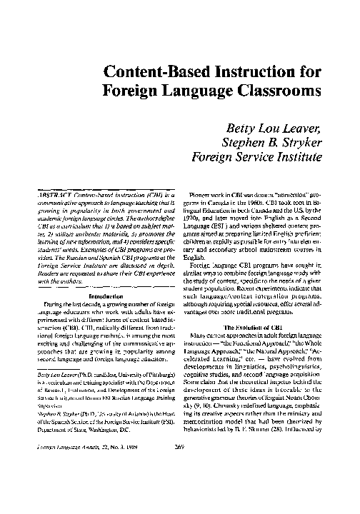 (PDF) Content-Based Instruction for Foreign Language Classrooms