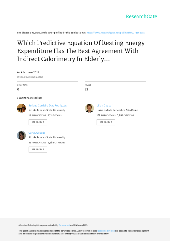 (PDF) Which Predictive Equation Of Resting Energy Expenditure Has The ...