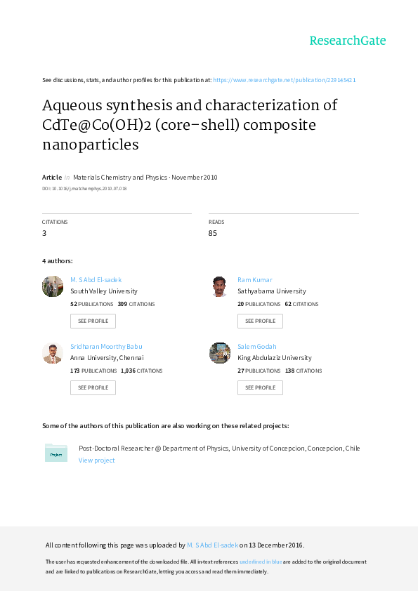Pdf Aqueous Synthesis And Characterization Of Cdte Co Oh 2 Core Shell Composite Nanoparticles