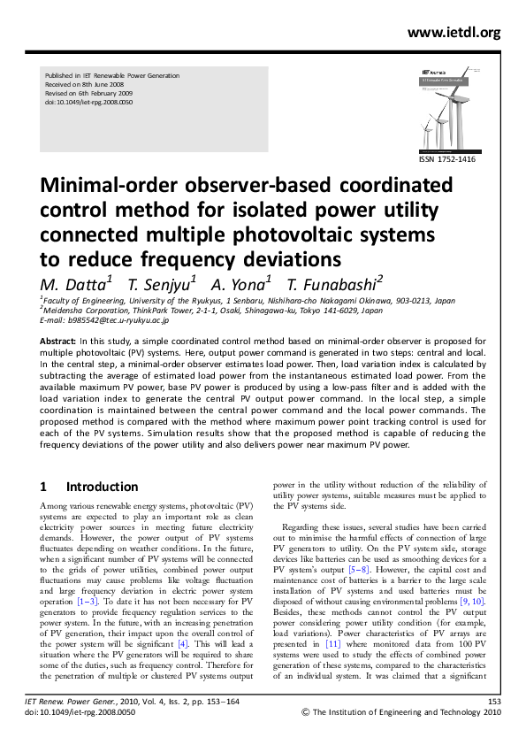 (PDF) Minimal-order observer-based coordinated control method for isolated power utility ...