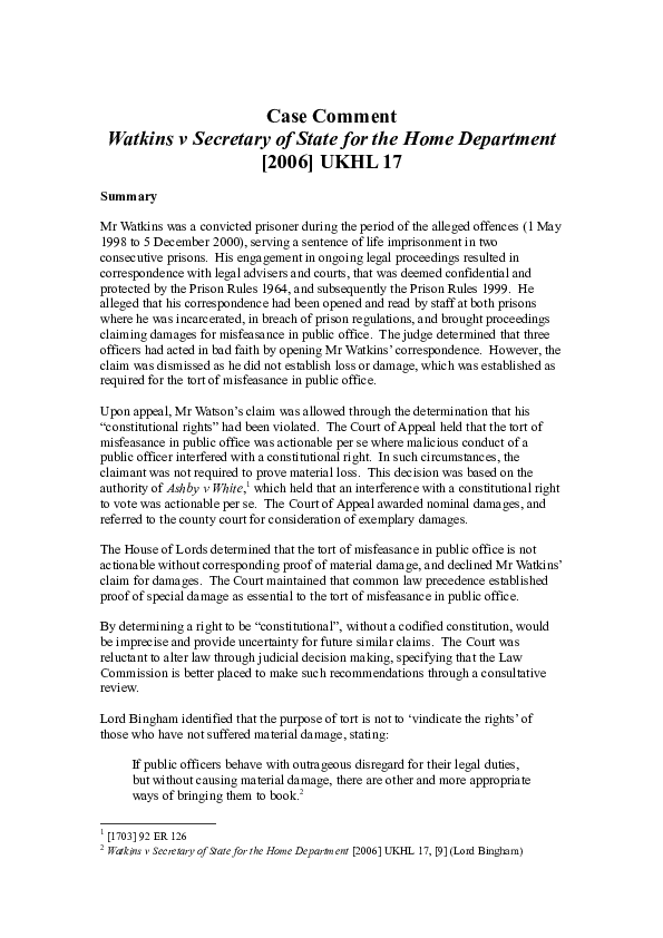 (DOC) Case Comment: Watkins v Secretary of State