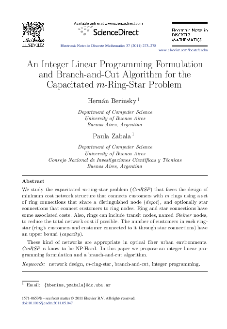 (PDF) An Integer Linear Programming Formulation and Branch-and-Cut Algorithm for the Capacitated ...