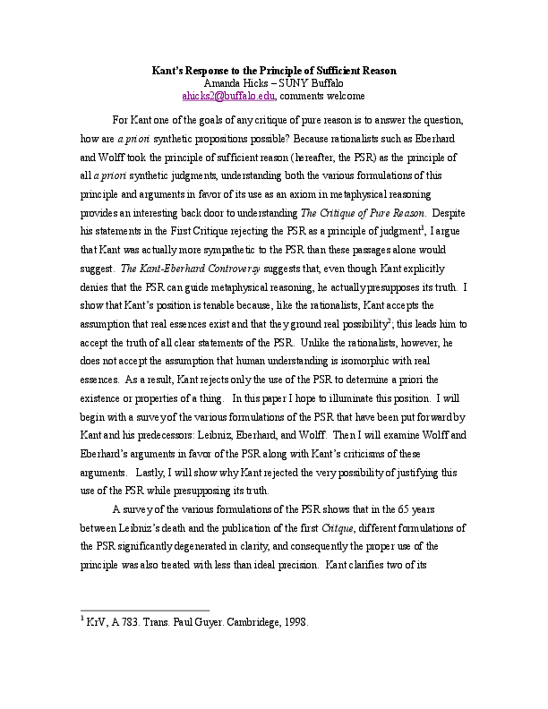 (PDF) Kant's Response to the Principle of Sufficient Reason