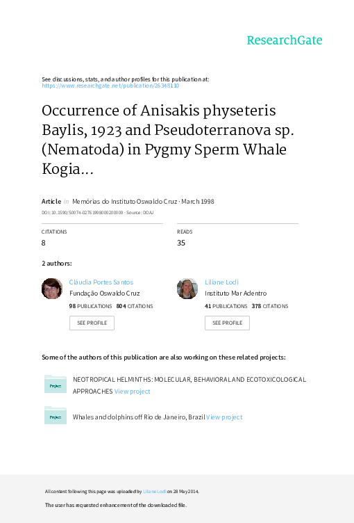 (PDF) Occurrence of Anisakis physeteris Baylis, 1923 and Pseudoterranova sp. (Nematoda) in Pygmy ...