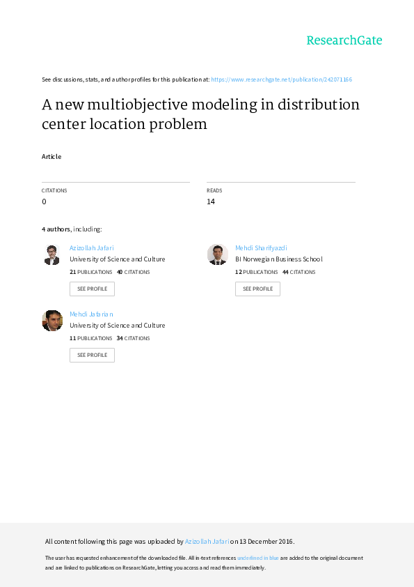 (PDF) A new multiobjective modeling in distribution center location problem