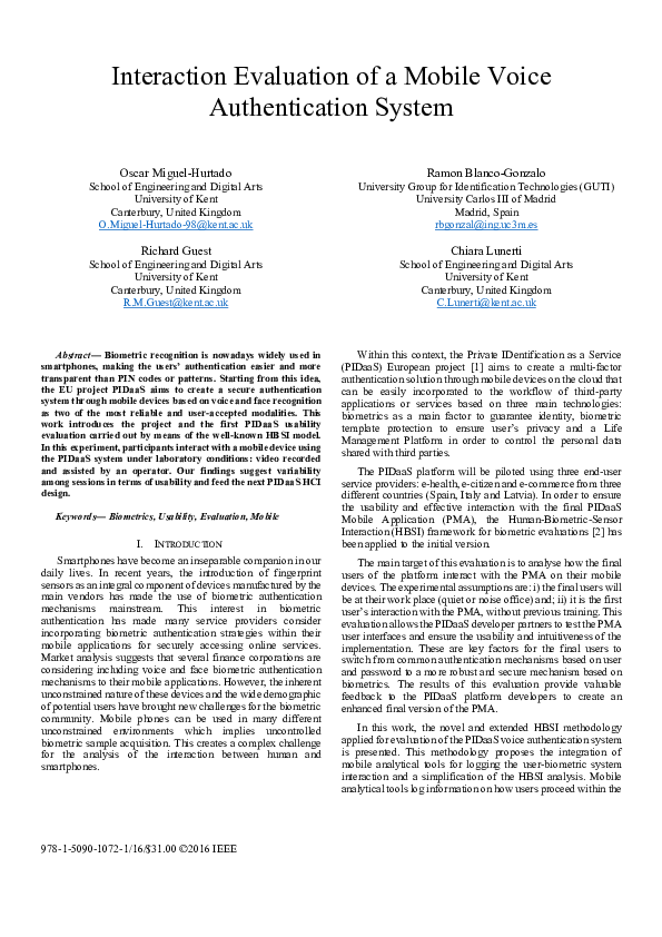 Pdf Interaction Evaluation Of A Mobile Voice Authentication System