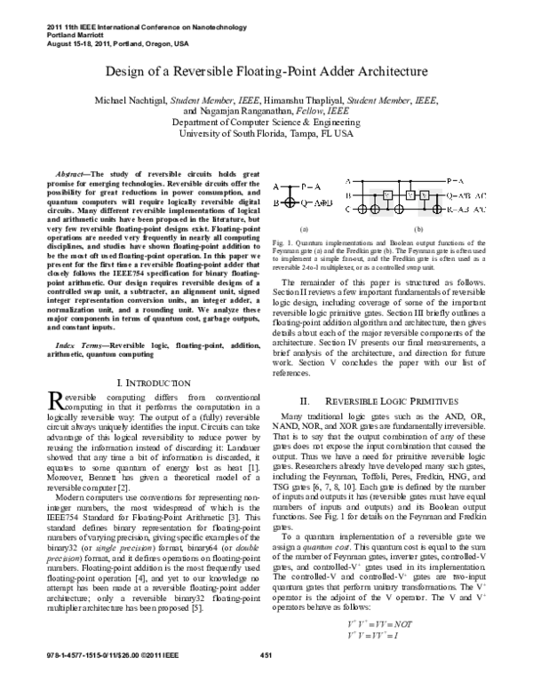 (PDF) Design of a Reversible Floating-Point Adder Architecture